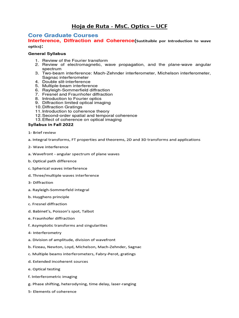 Hoja de Ruta - MsC. Optics - UCF | PDF | Laser | Optics