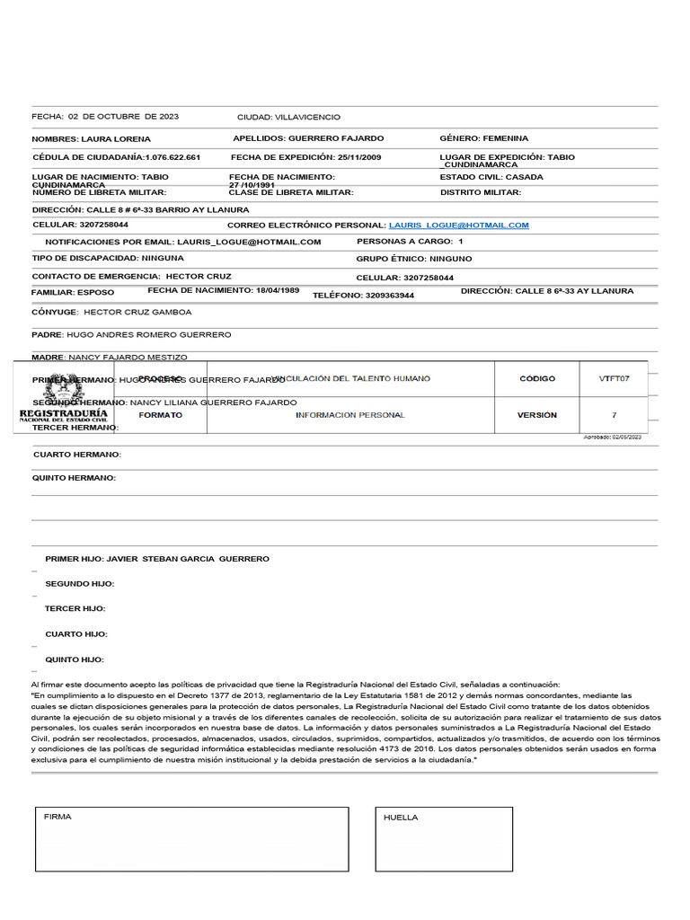 Formato de Información Personal VTFT07 | PDF | Documento de identidad