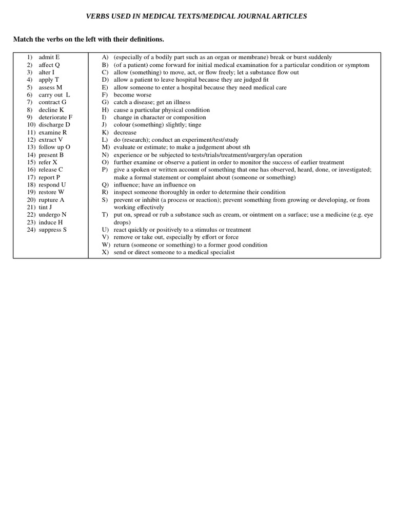 Verbs Used in Medical Texts Answer Key | PDF | Patient | Physical ...