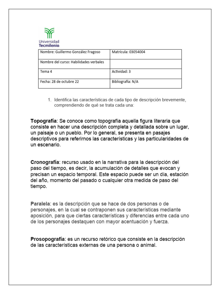 Tipos de Descripción Literaria | PDF | Retrato | Sicología