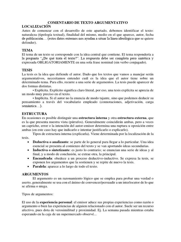 Comentario de Texto Argumentativo. Argumentos | PDF | Argumento | Razonamiento deductivo