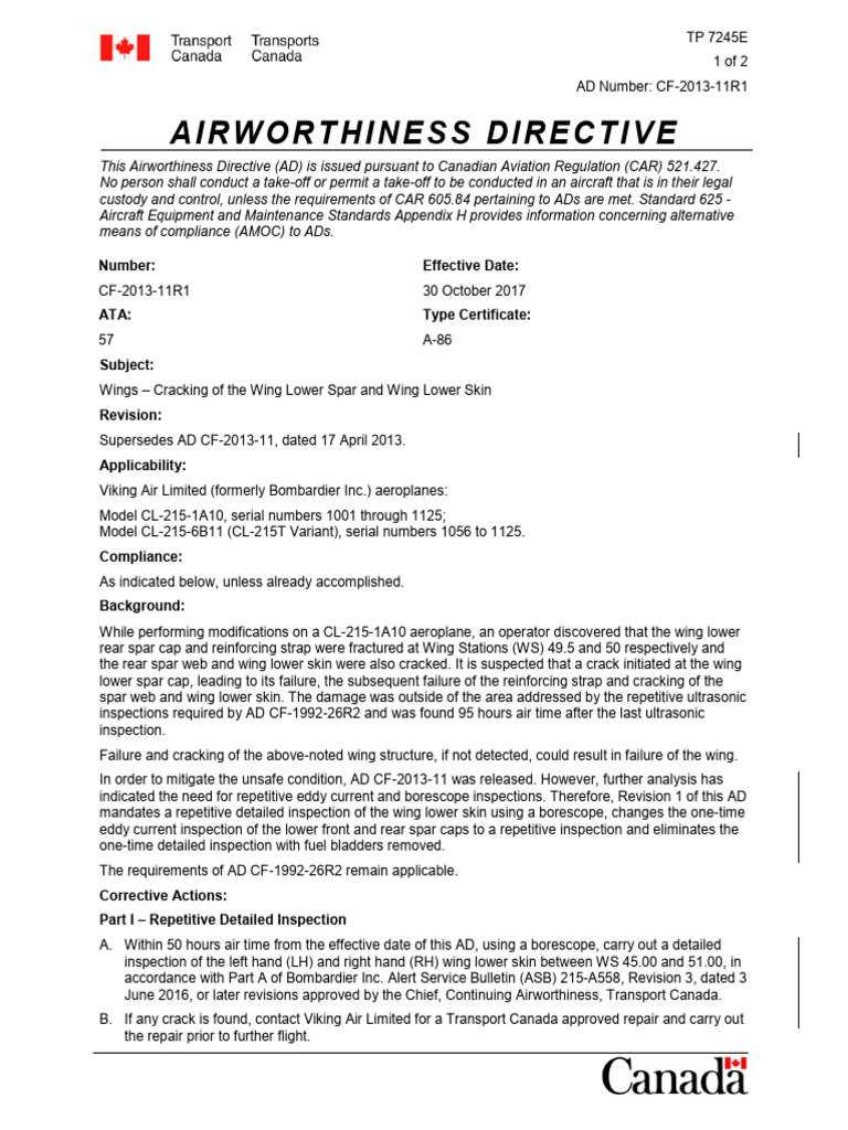 Airworthiness Directive CF-2013-11R1 | PDF | Aeronautics | Aerospace