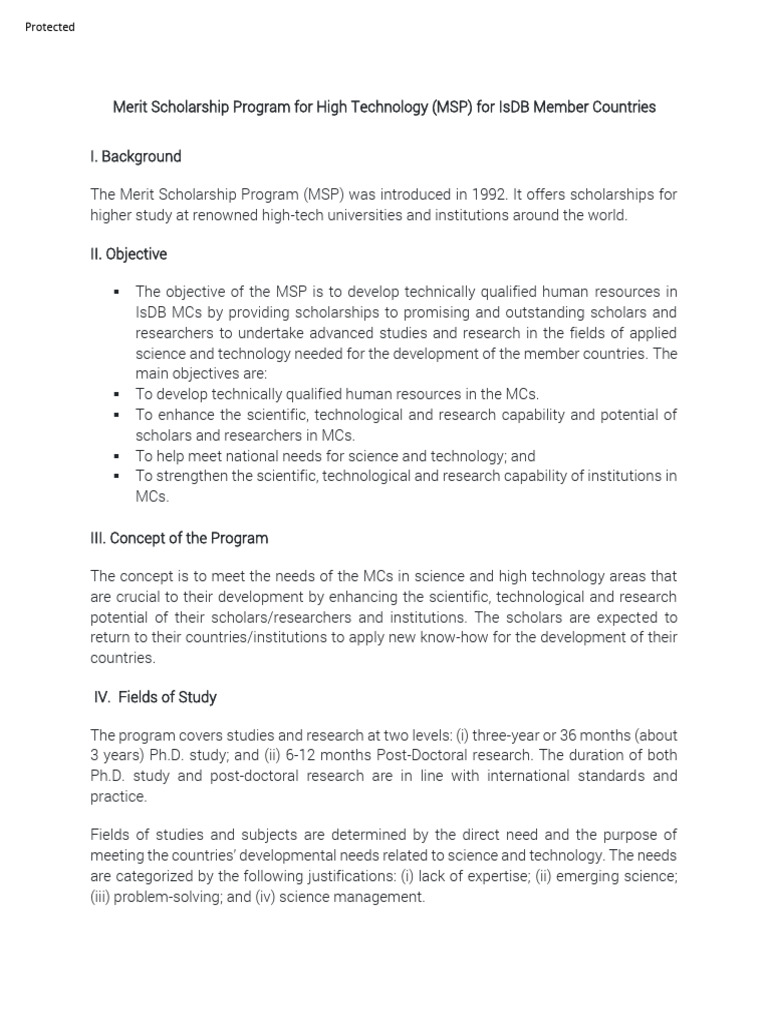 Merit Scholarship Program For High Technology (MSP) For IsDB Member Countries | PDF | Cost Of ...