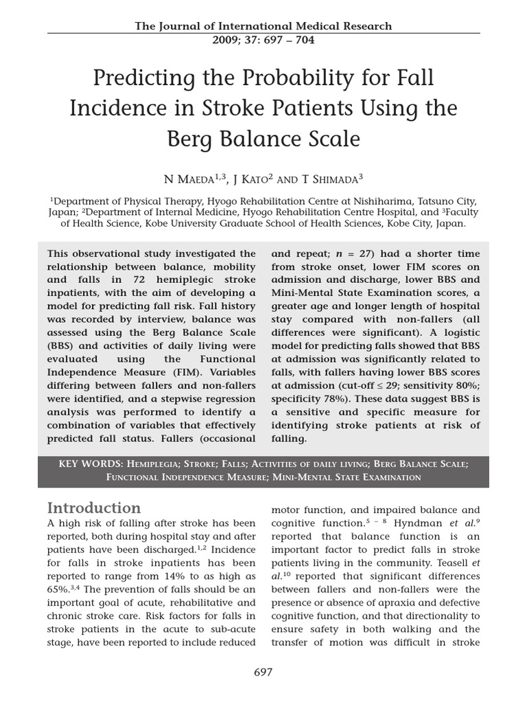 Predicting The Probability For Fall Incidence in Stroke Patients Using The Berg Balance Scale ...
