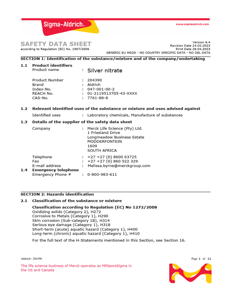 Silver Nitrate Safety Data Sheet | PDF | Dangerous Goods | Firefighting