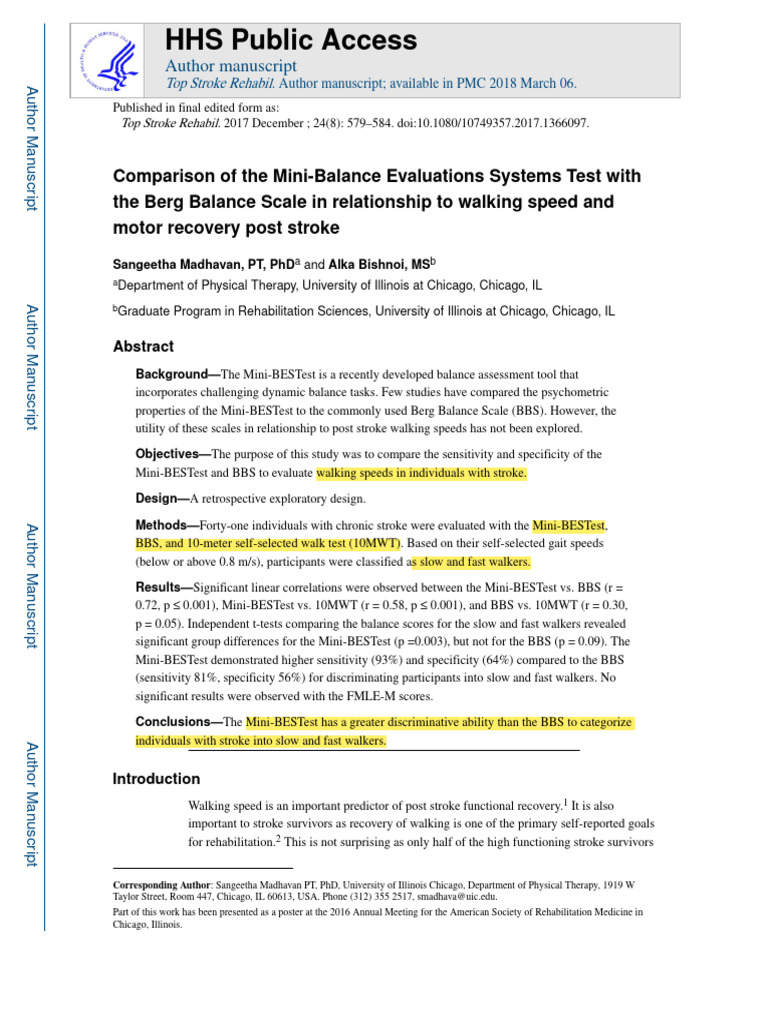 Comparison of the Mini-Balance Evaluations Systems Test with the Berg ...