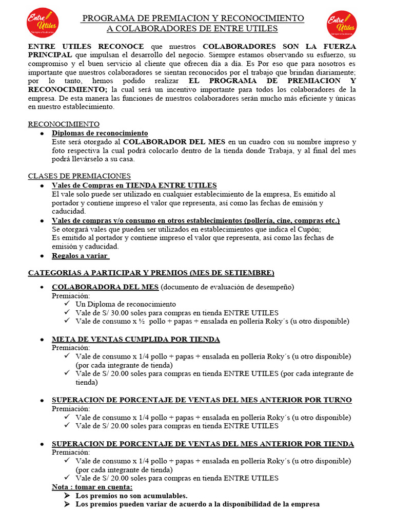 PROGRAMA DE PREMIACION Y RECONOCIMIENTO 2022 noviembre diciembre | PDF