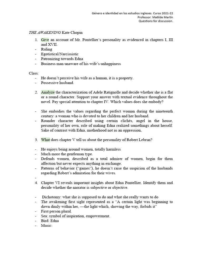 Questions On The Awakening | PDF | The Awakening (Chopin Novel)