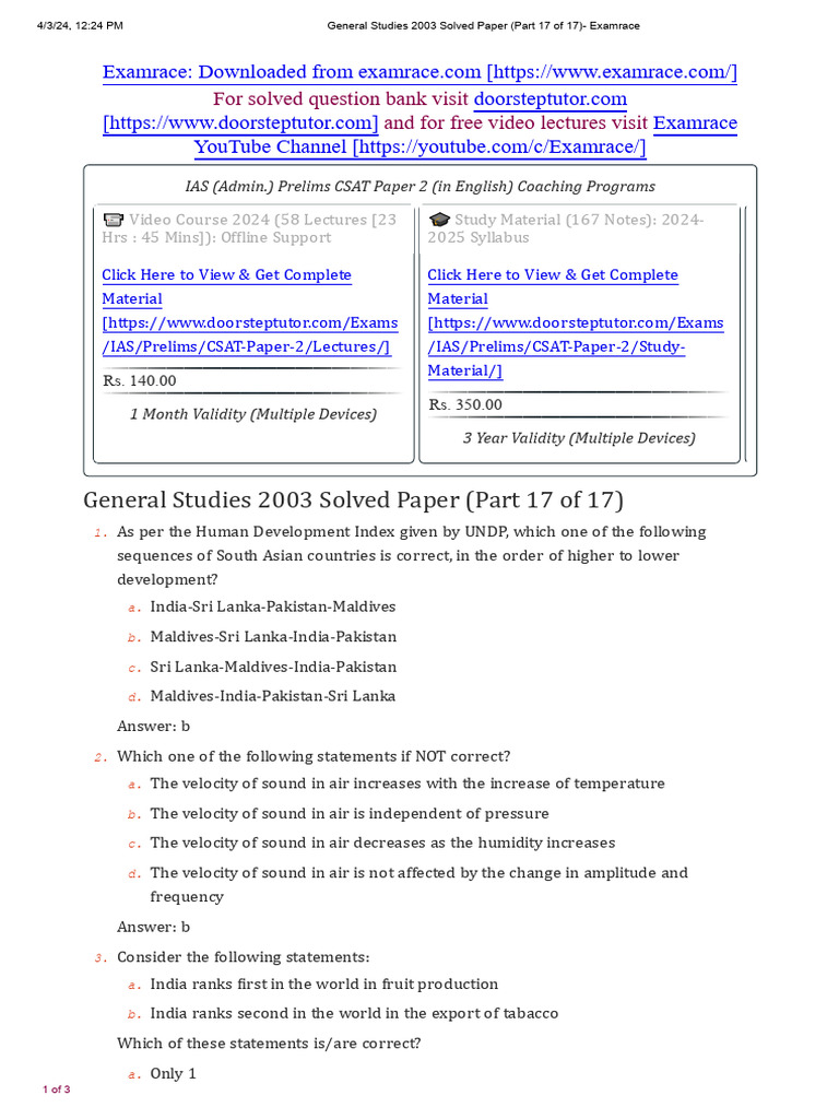 General Studies 2003 Solved Paper Part 17 | PDF | Airport | Sound