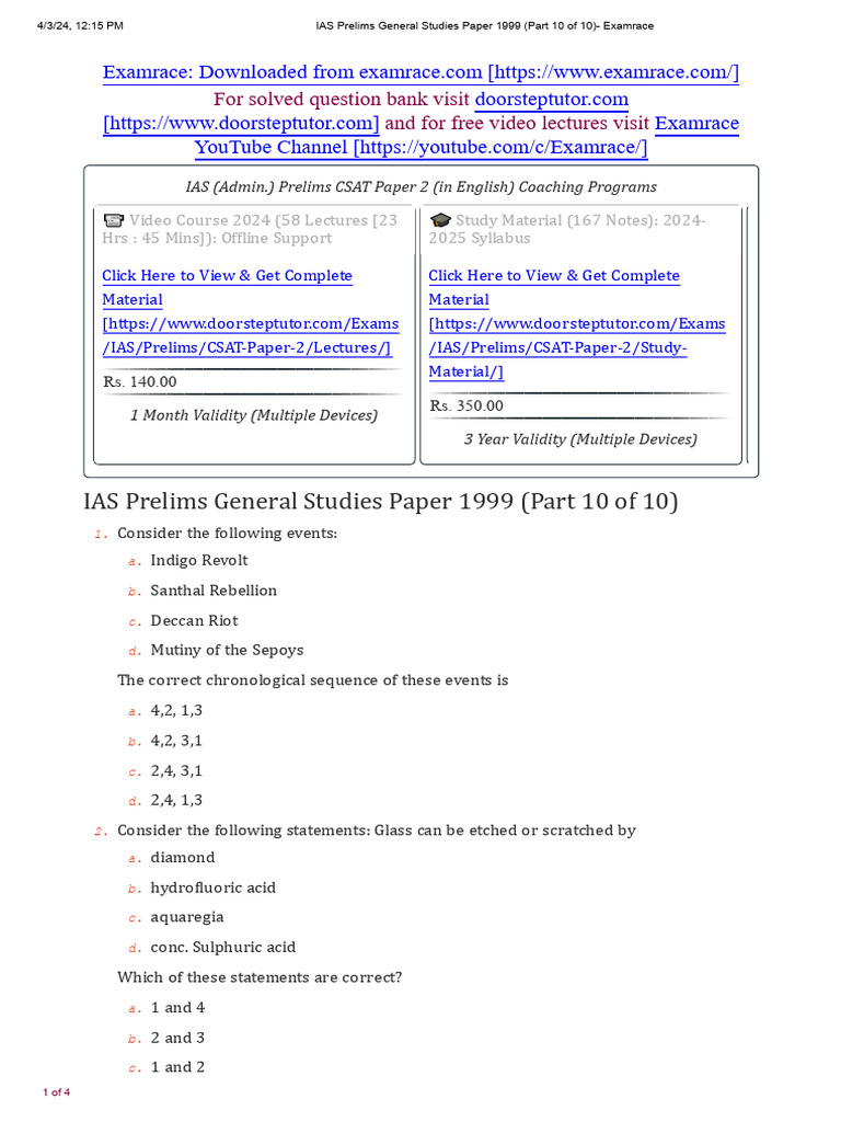 IAS Prelims General Studies Paper 1999 Part 10 | PDF | Fiscal Policy ...