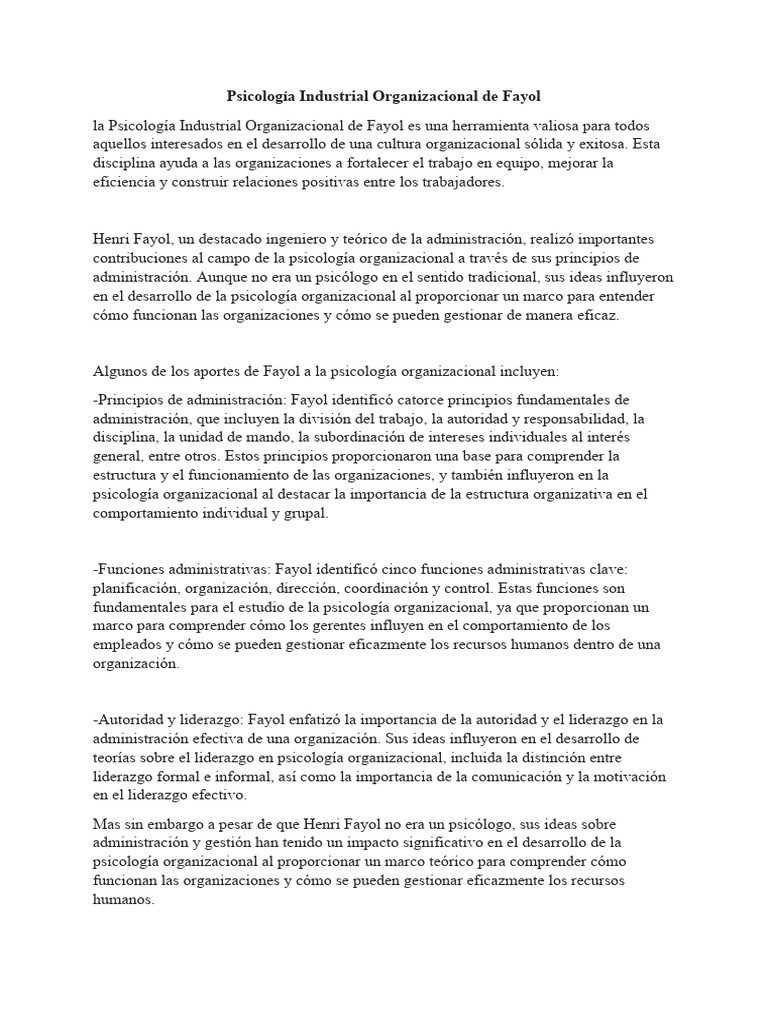 Psicología Industrial Organizacional de Fayol | PDF | Psicología industrial y organizacional ...