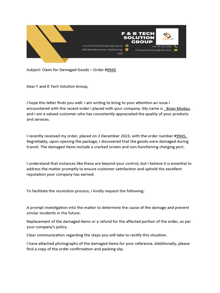 Claim for Damaged Goods - Order #9945 | PDF
