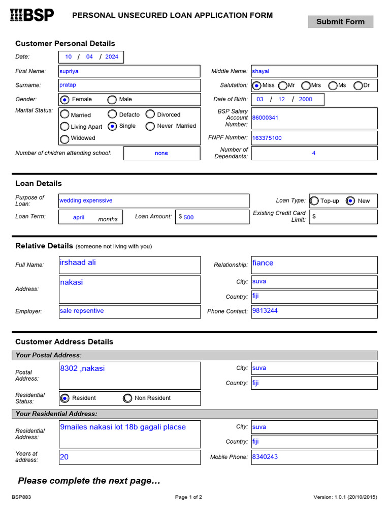 Application Form - BSP Personal Loans April 2024 | PDF | Loans ...
