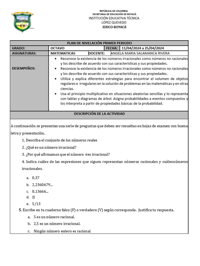 PLAN DE NIVELACION GRADO OCTAVO 1 Y 2 PRIMER PERIODO MATEMATICAS | PDF ...