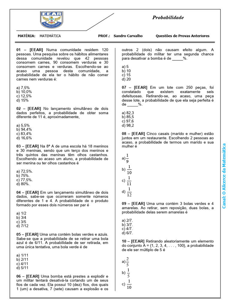 Exercícios de Probabilidade EEAR Questões de Provas Anteriores | PDF ...