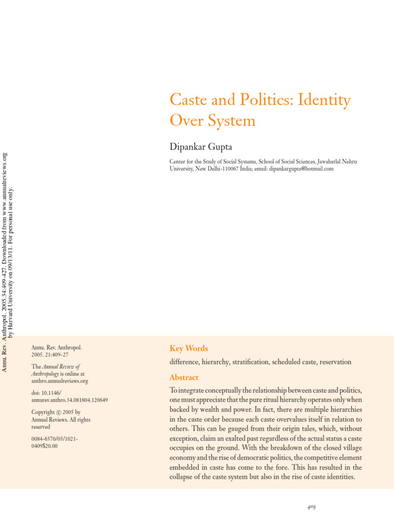 Dipankar Gupta Caste and Politics Identity Over System | PDF | Caste ...