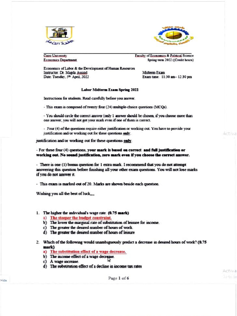 Answered Midterm Exam Labor Economics April 5, 2022 | PDF