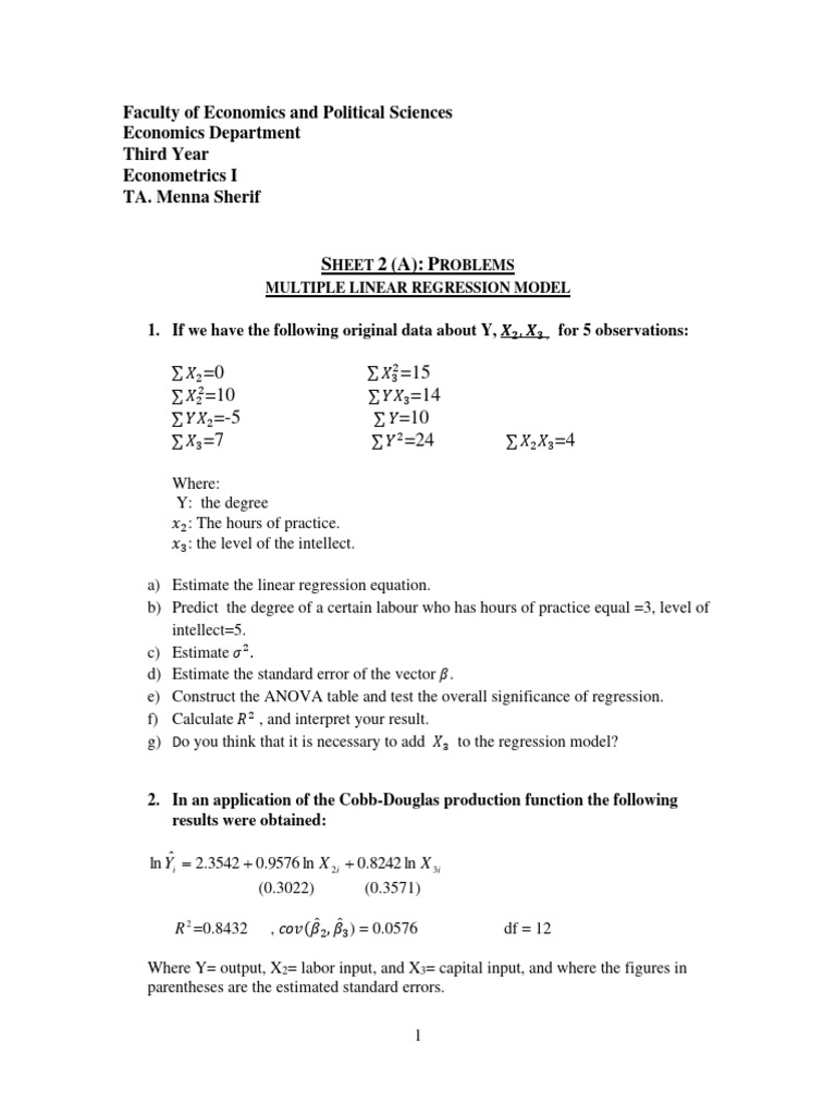 Econometrics - Sheet 2A - MR - 2024 | PDF | Errors And Residuals | Linear Regression