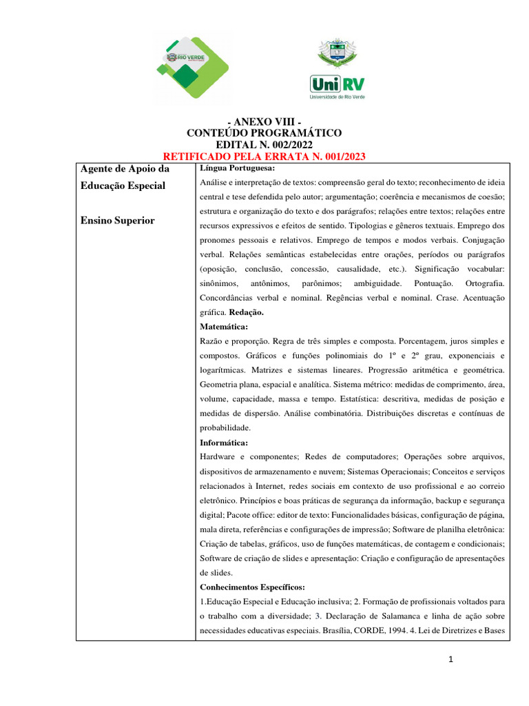 Anexo VIII - Conteúdo Programático - Edital 002-2022 - Retificado Pela ERRATA N - 001-2023 | PDF ...