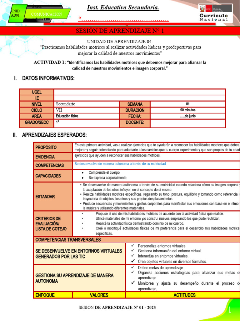 1º Ee - Ff. Ses 1 Uni 4 Sem 01 - 2023 | PDF | Aprendizaje | Evaluación