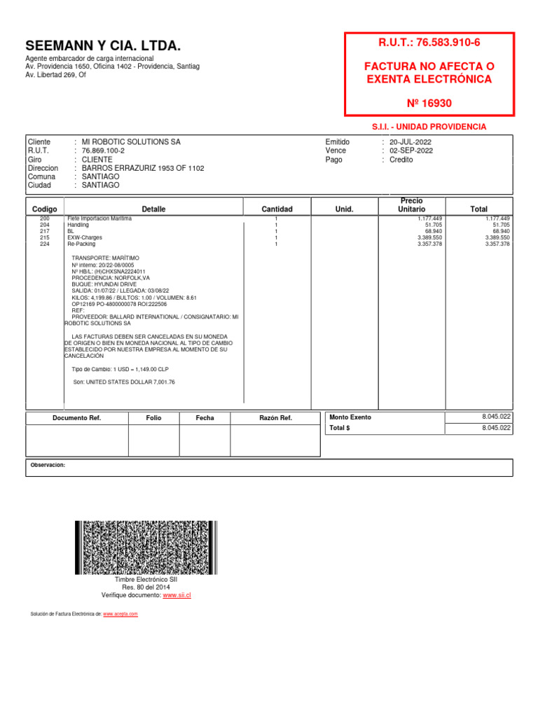Seemann Y Cia. Ltda.: R.U.T.: 76.583.910-6 Factura No Afecta O Exenta Electrónica #16930 | PDF ...