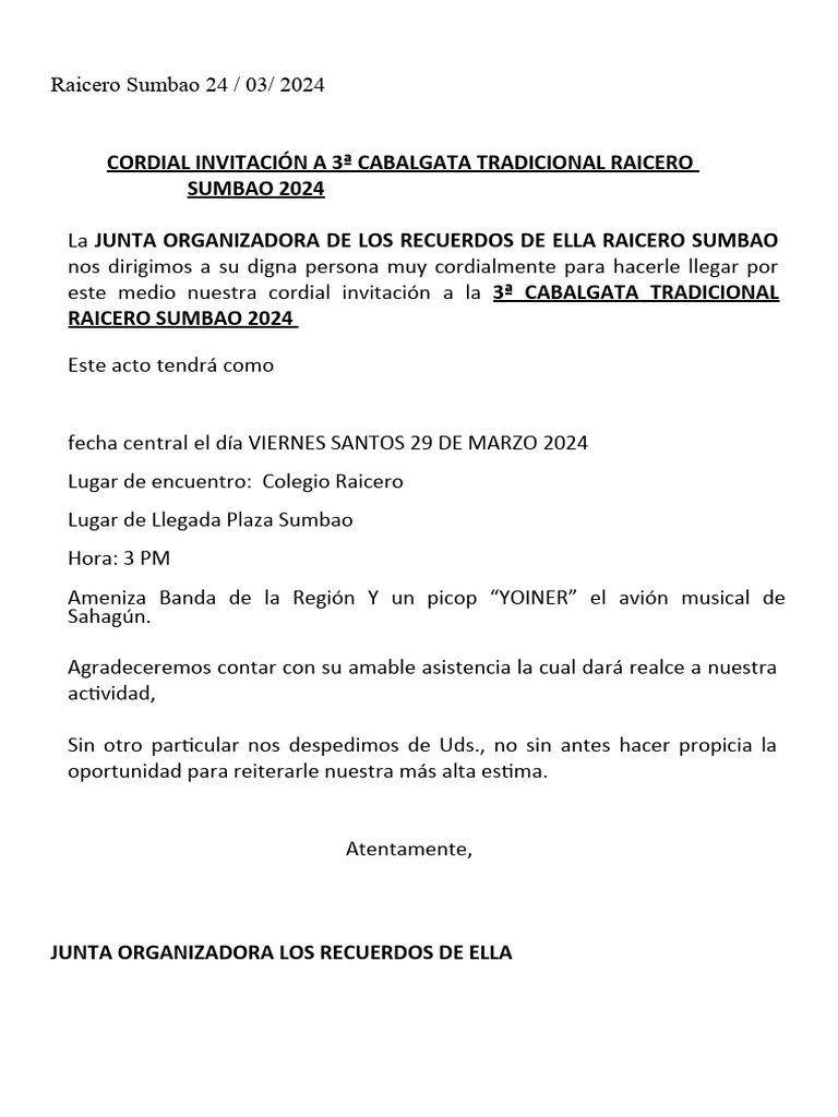 Carta de Invitacion Cabalgata | PDF | Viajes y turismo | Historia