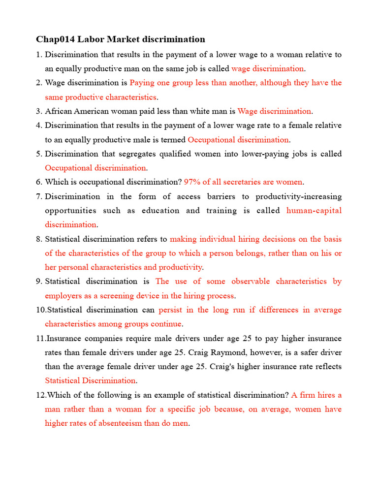 Chapter 14 Labor Market Discrimination | PDF | Employment ...