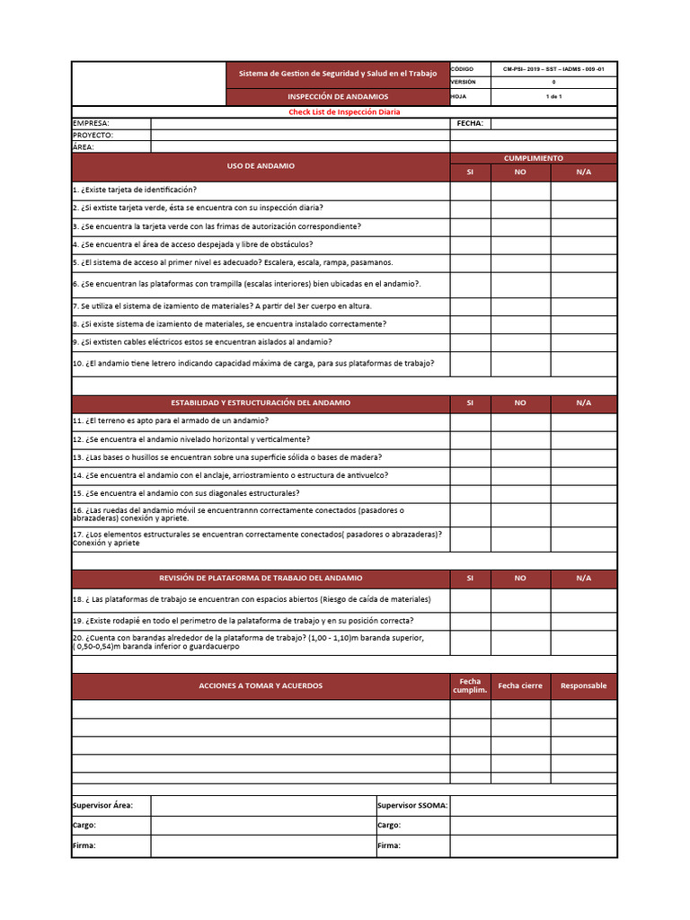 Inspección Diaria de Andamios: Checklist | PDF | Andamio