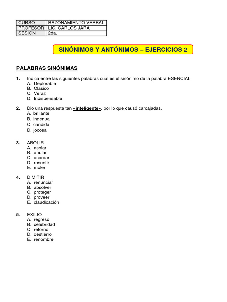 Raz. Verbal - Sinónimos y Antónimos - Ejercicios | PDF