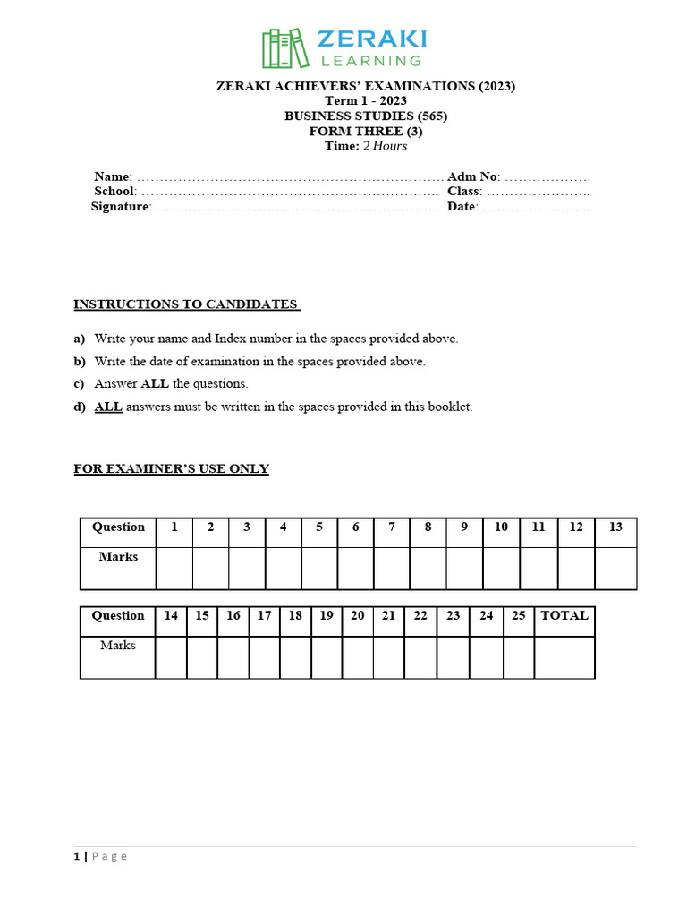 Business Studies - Business Studies Form 3 - Question Paper | PDF ...