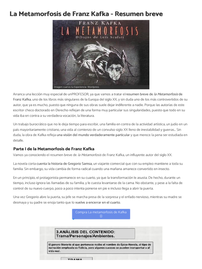 La Metamorfosis de Franz Kafka - Resumen Breve | PDF | La metamorfosis ...