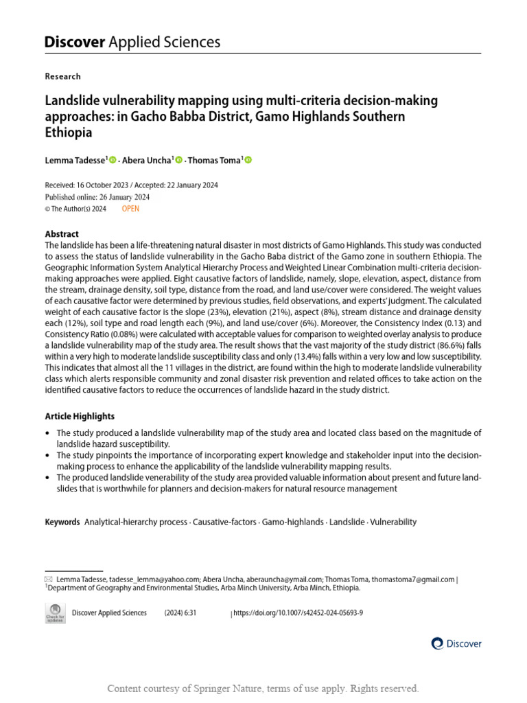 Landslide Vulnerability Mapping Using Multi Criteria Decision Making Approaches - in Gacho Babba ...