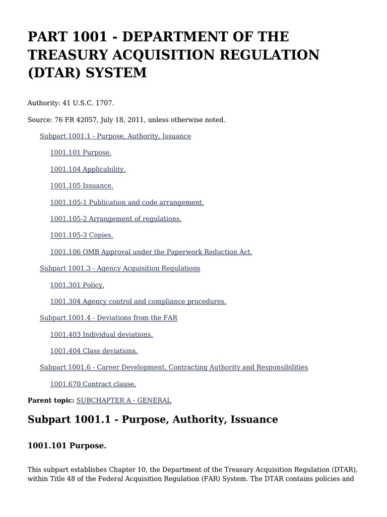 Part 1001 - Department of The Treasury Acquisition Regulation Dtar ...