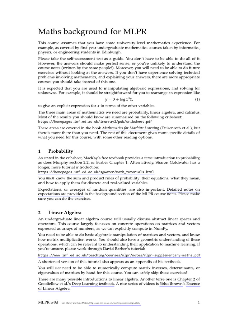 Machine Learning and Pattern Recognition - Maths | PDF | Matrix (Mathematics) | Linear Algebra