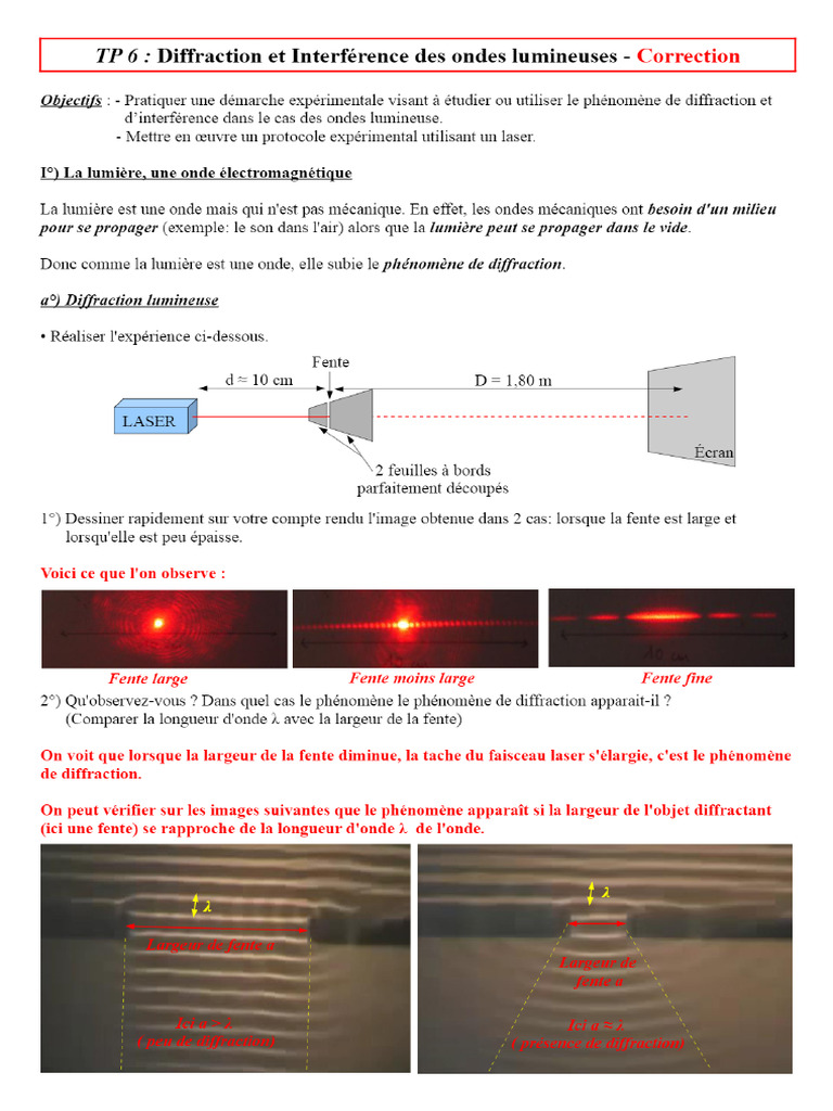 TP 6 - Diffraction Et Interférence Des Ondes Lumineuses - Correction - PDF | PDF
