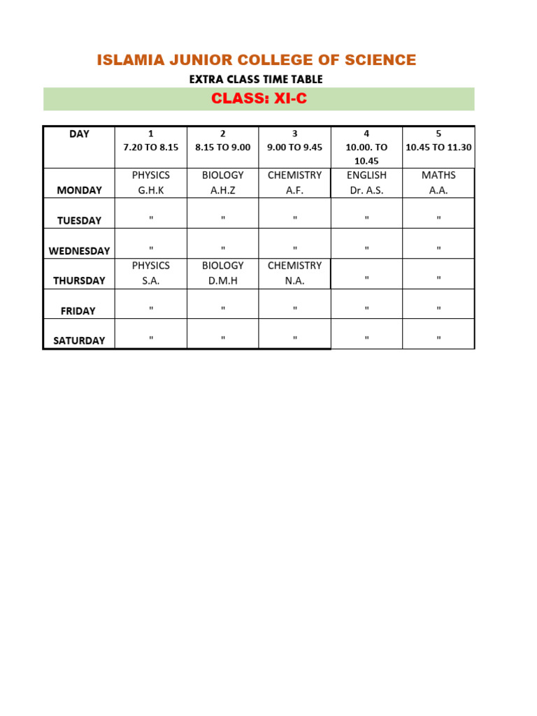 Extra Class Time Table Xi-C | PDF