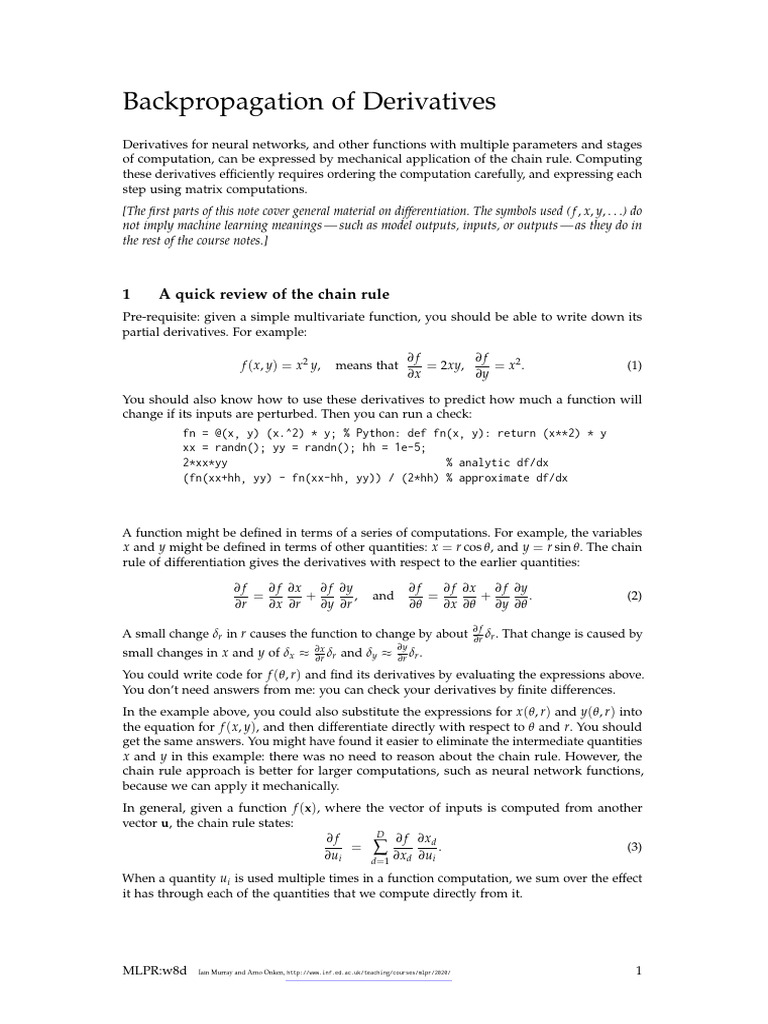 Machine Learning and Pattern Recognition Week 8 - Backprop | PDF | Derivative | Matrix (Mathematics)