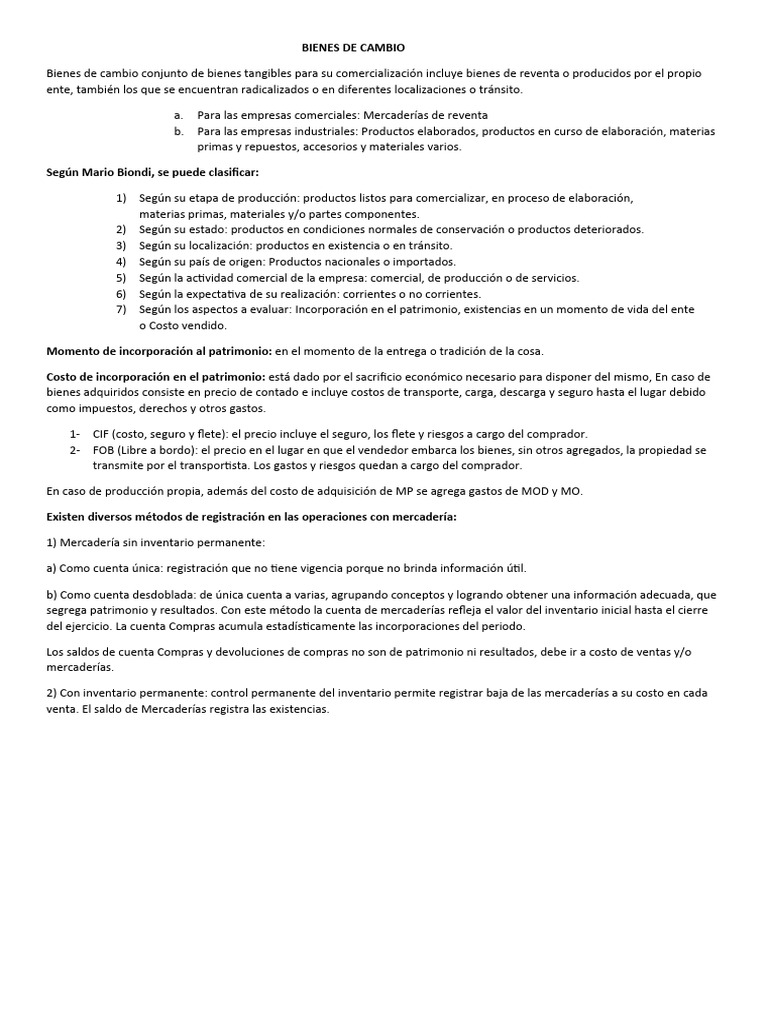 Resumen Bienes de Cambio | PDF | Costo | Bienes