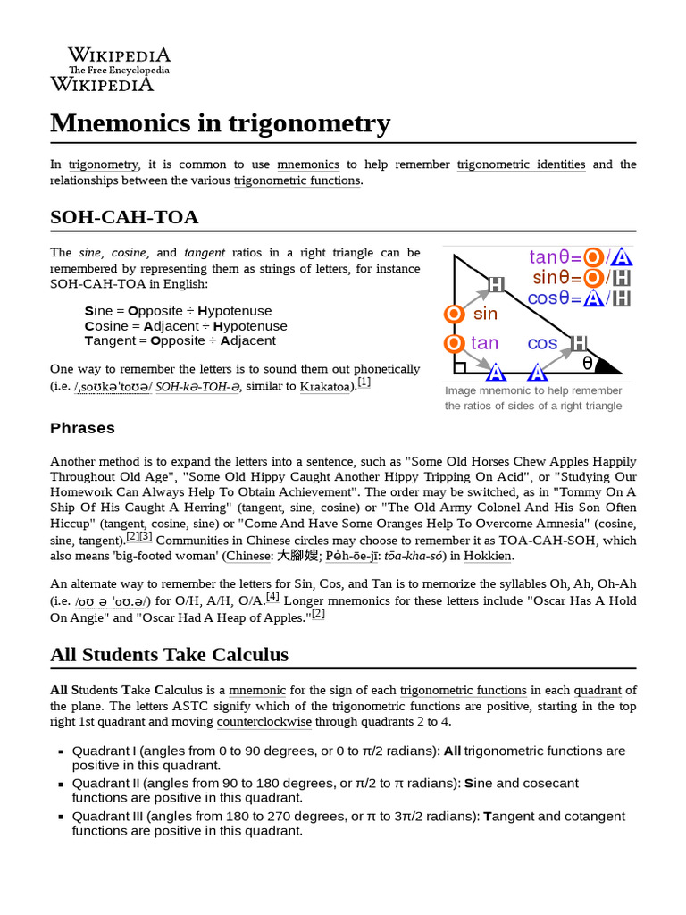 Mnemonics in Trigonometry | Download Free PDF | Trigonometric Functions ...