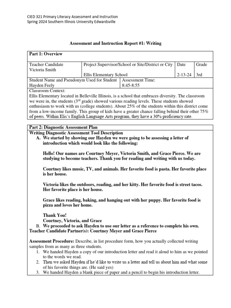 321 Assess Report 1 Writing 2024 2 | PDF | Literacy | Teachers