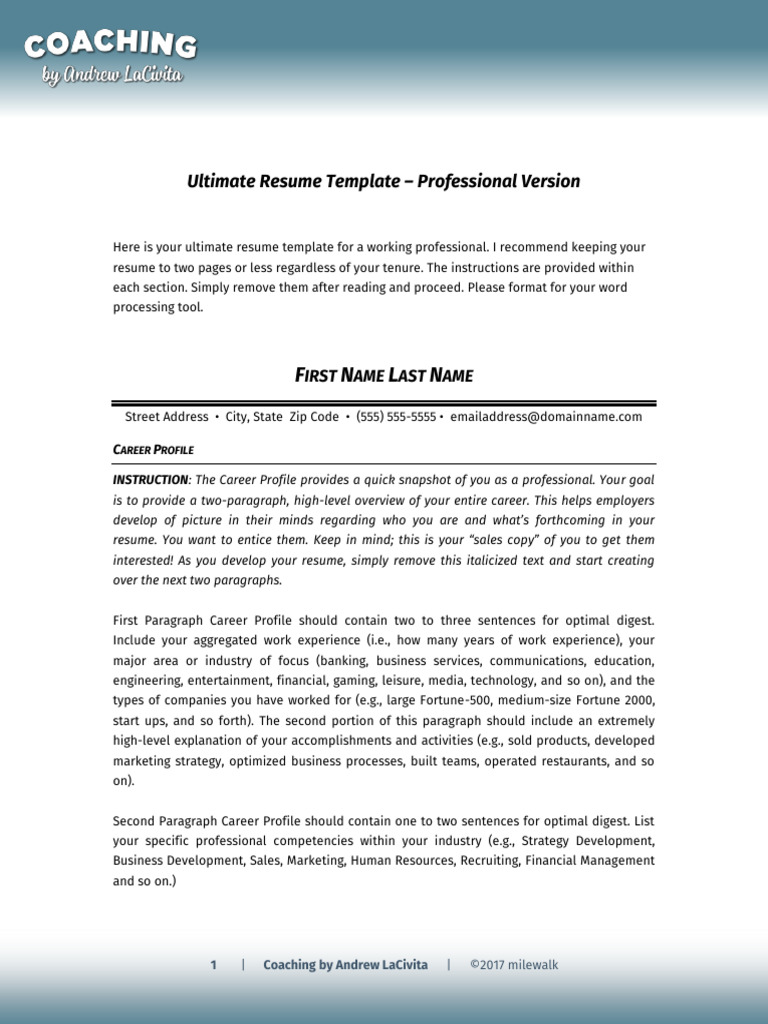 Ultimate Resume Template Professional v4 by Andrew Lacivita | PDF ...