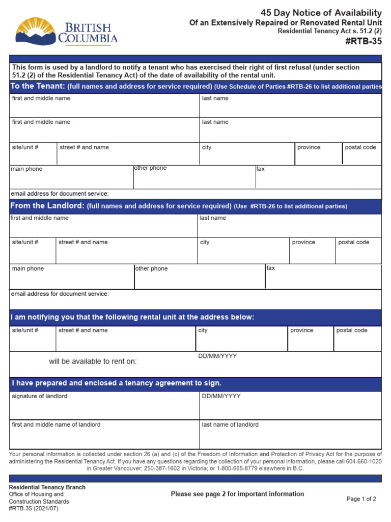 45-Day Notice of Rental Unit Availability | PDF | Leasehold Estate ...