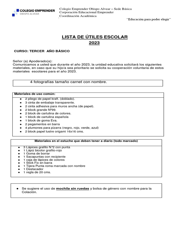 Lista de Utiles Escolar 3 Basico 2023 | PDF | Papelería