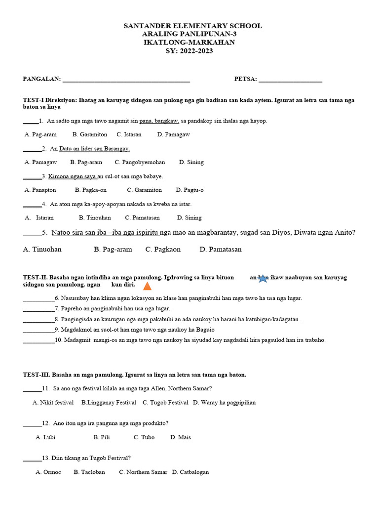 Araling Panlipunan-3 3RD Quarter Test Paper DD | PDF