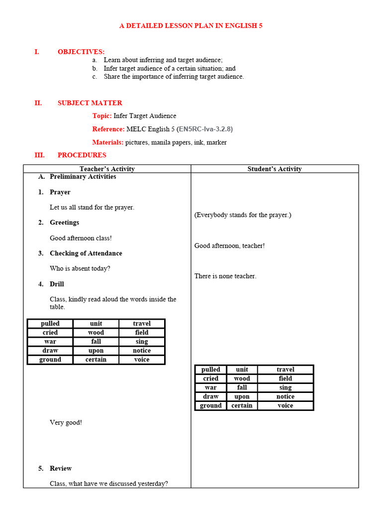English Lesson Plan 5 Infer Target Audience Pdf