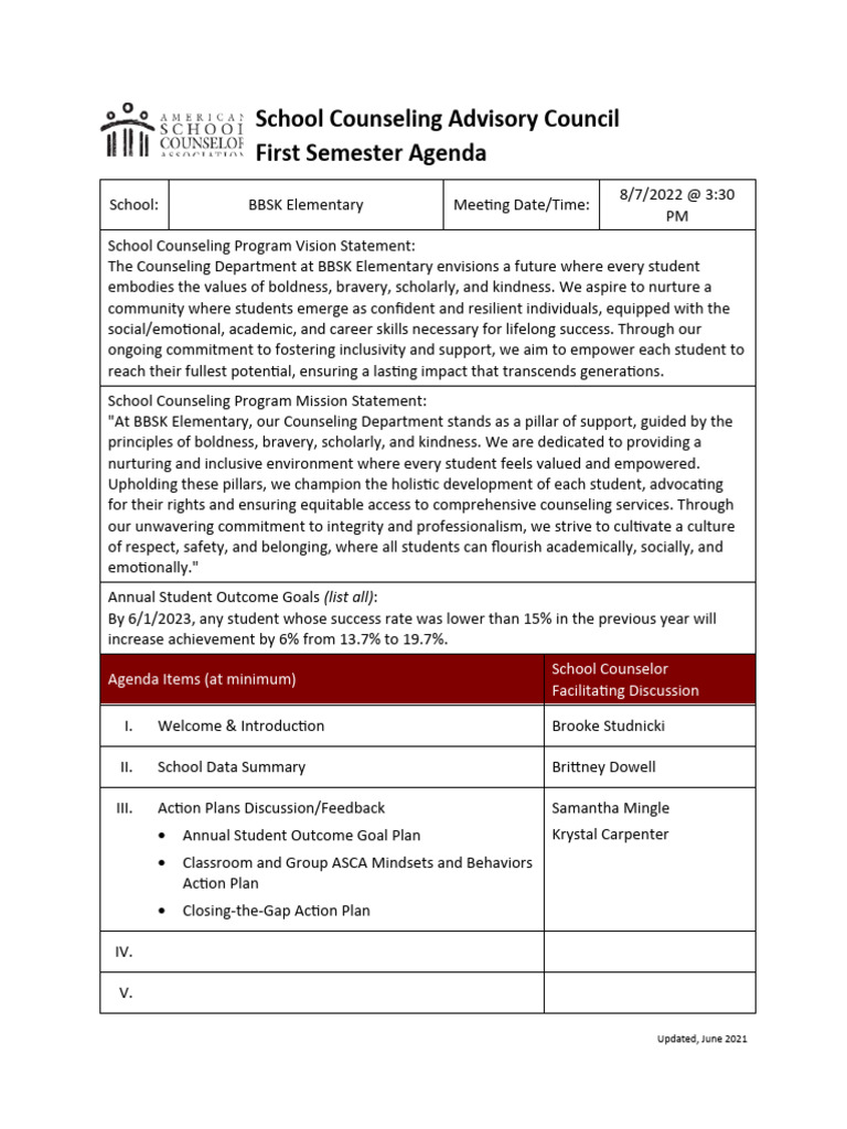 BBSK Elementary Counseling Council Agenda | PDF | School Counselor | Goal