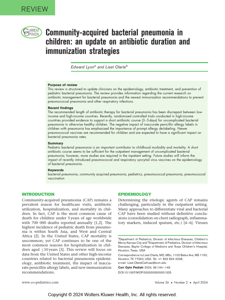 Community-Acquired Bacterial Pneumonia in Children.... | PDF ...