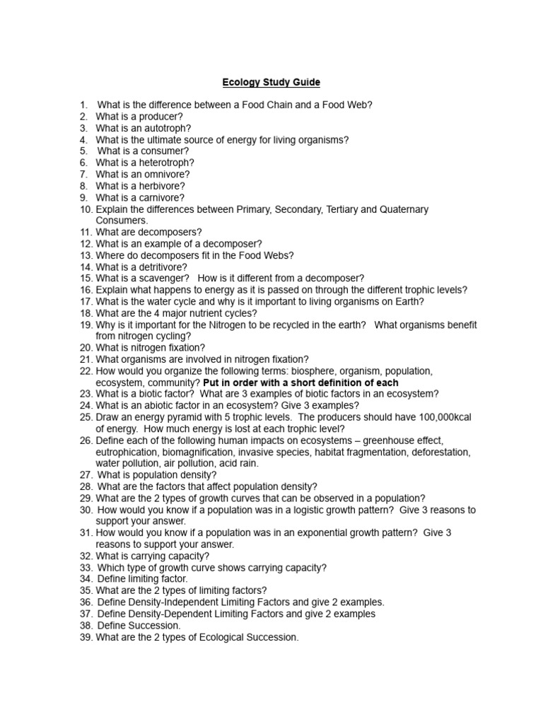 Ecology Study Guide Overview | PDF | Food Web | Ecosystem