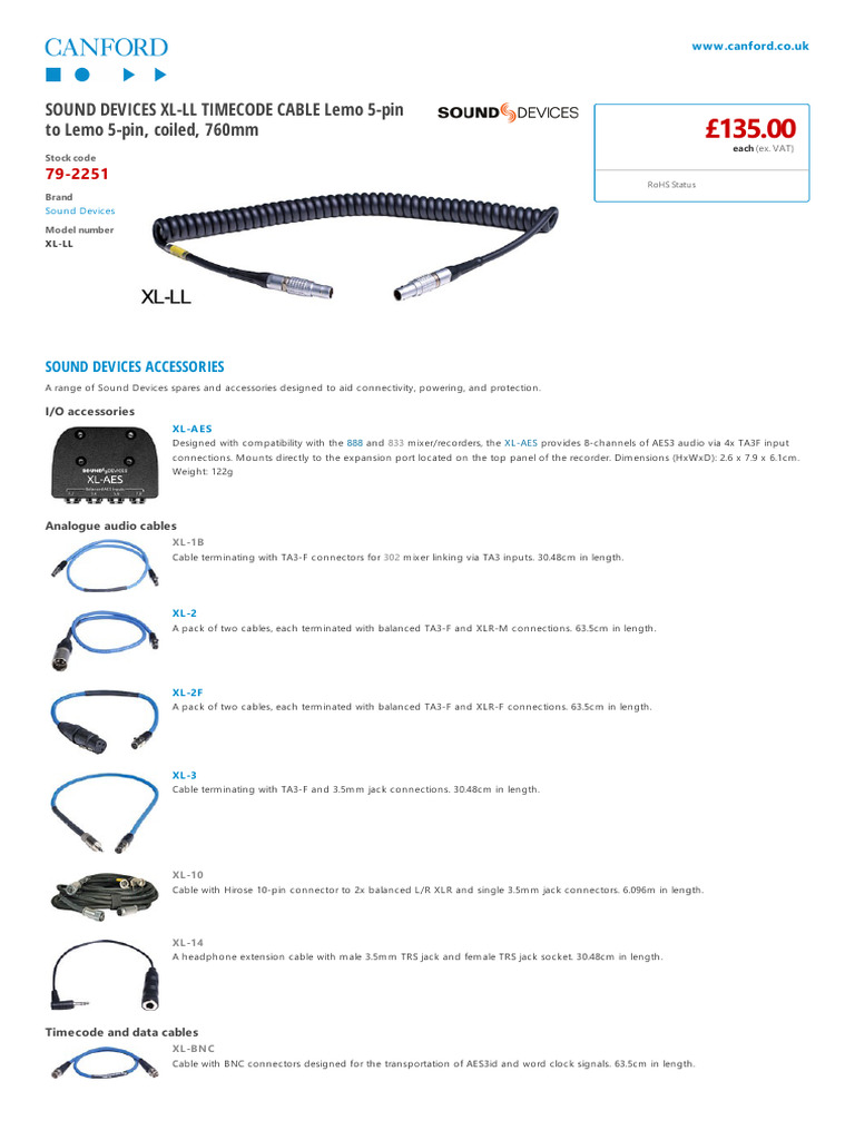 SOUND DEVICES XL-LL TIMECODE CABLE Lemo 5-Pin To Lemo 5-Pin, Coiled ...