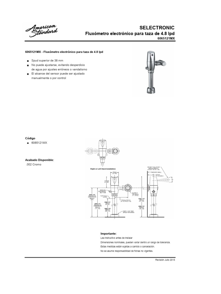 Selectronic: Fluxómetro Electrónico para Taza de 4.8 LPD | PDF